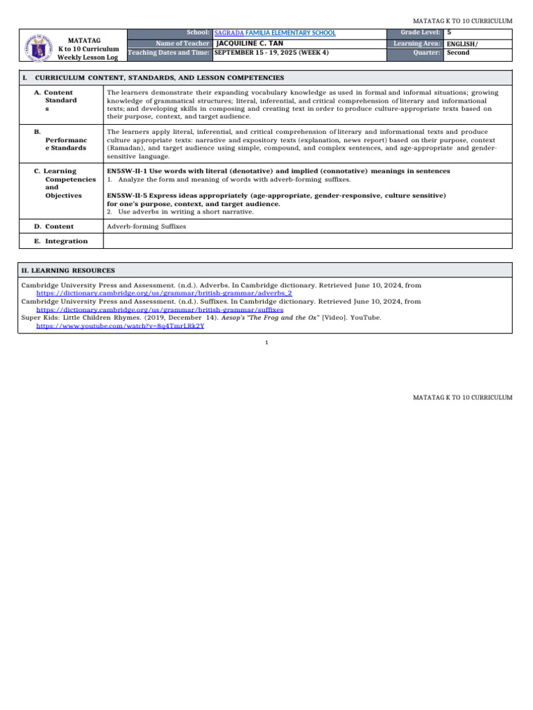 K-10 English Lesson Plan: Adverbs | PDF | Adverb | Reading Comprehension