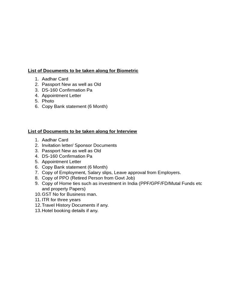 List of Documents Required For US Visa | PDF