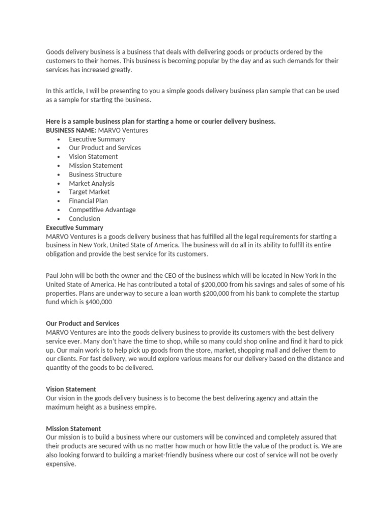 Goods Delivery Business Plan Sample | PDF | Marketing | Business