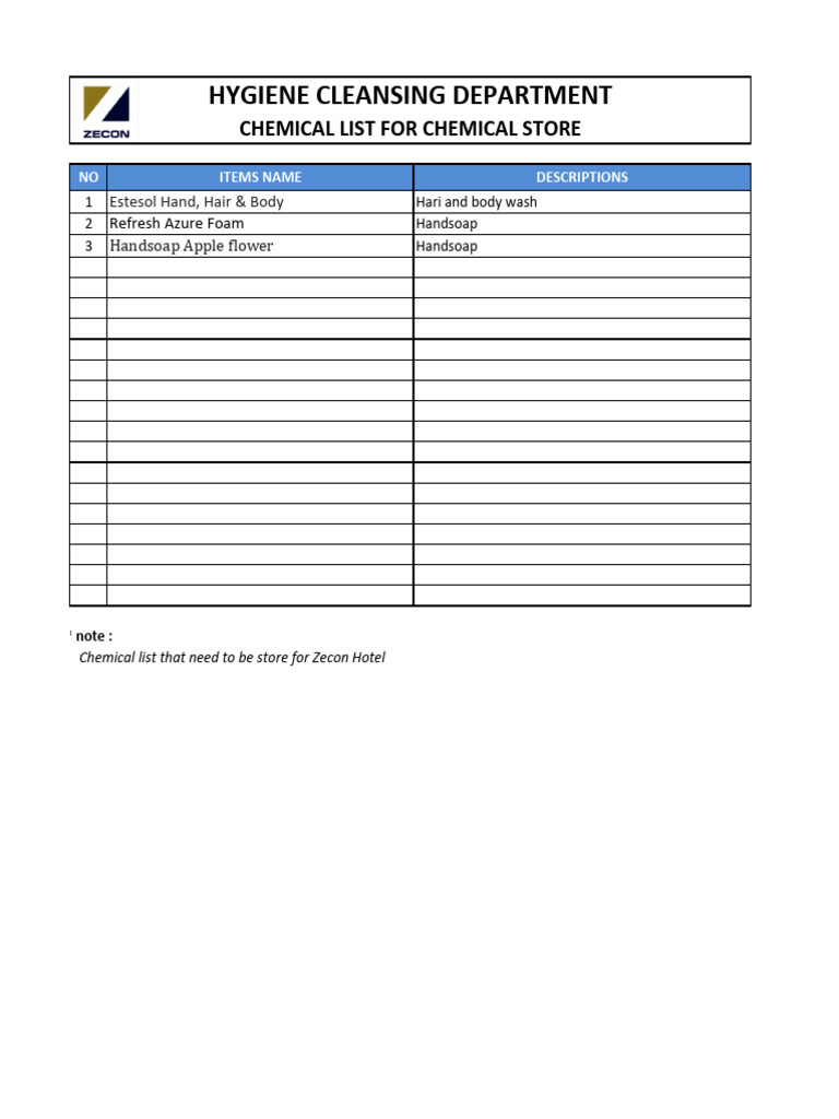 Chemical List - Zecon Hotel - Chemical Storage | PDF