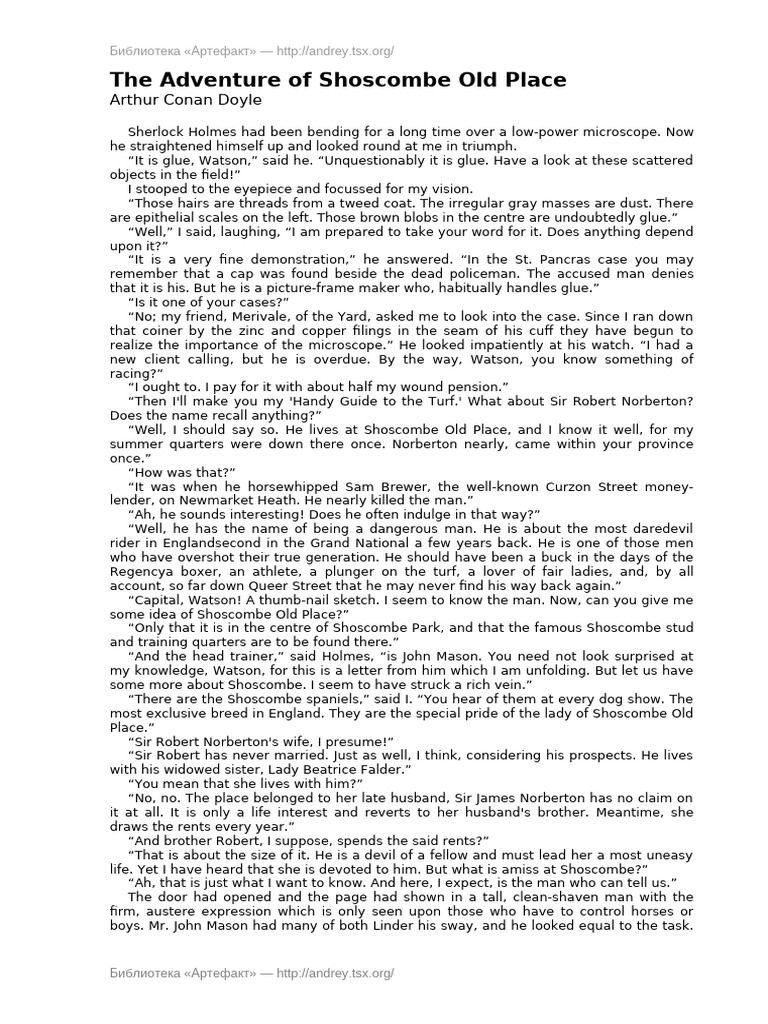 The Adventure of Shoscombe Old Place | PDF | Dr. Watson