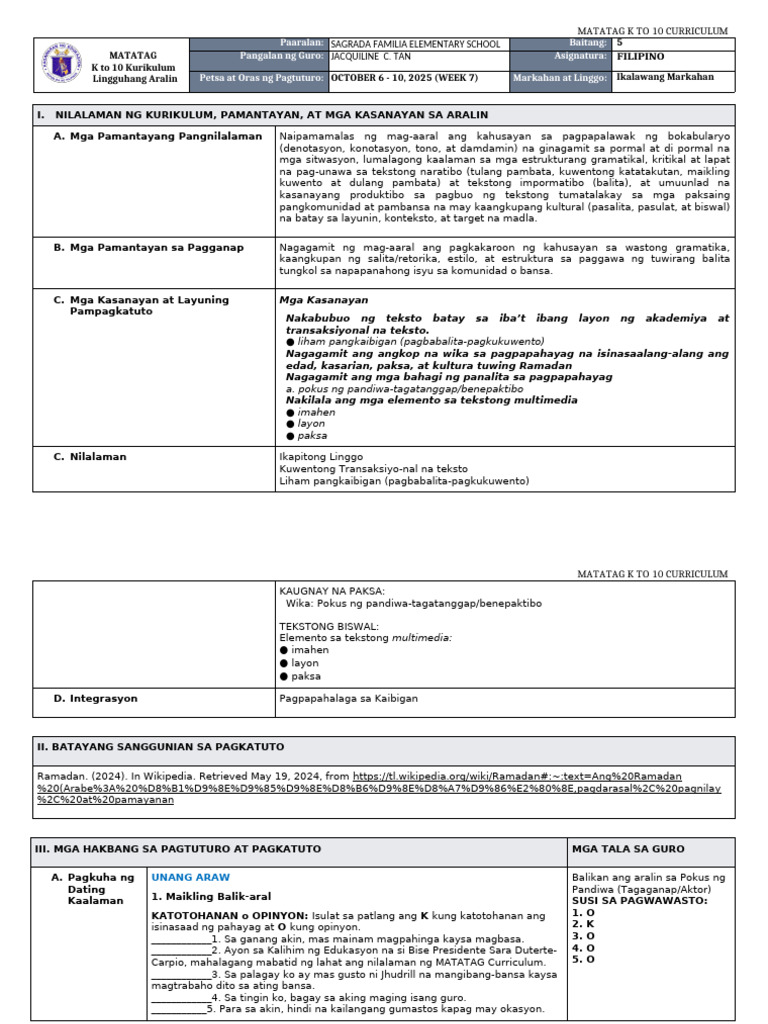 DLL Matatag - Filipino 5 q2 w7 | PDF