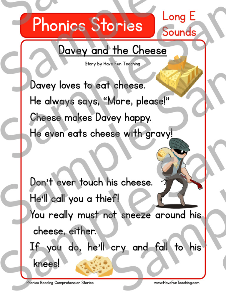 Davey and The Cheese Phonics Reading Comprehension Story Worksheet Long ...