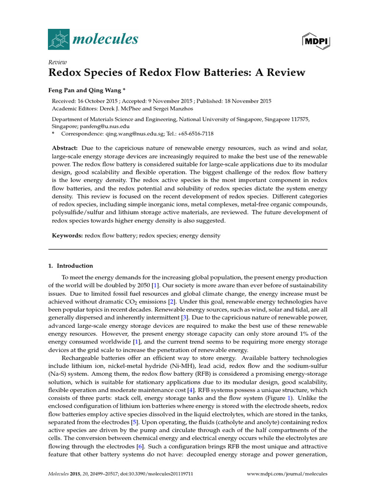 Redox Species in Flow Batteries Review | PDF | Redox | Anode