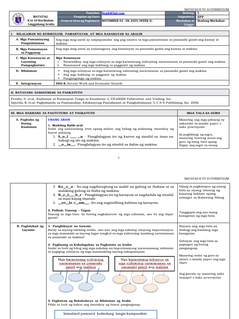DLL Matatag - Epp 5 q3 w4 | PDF