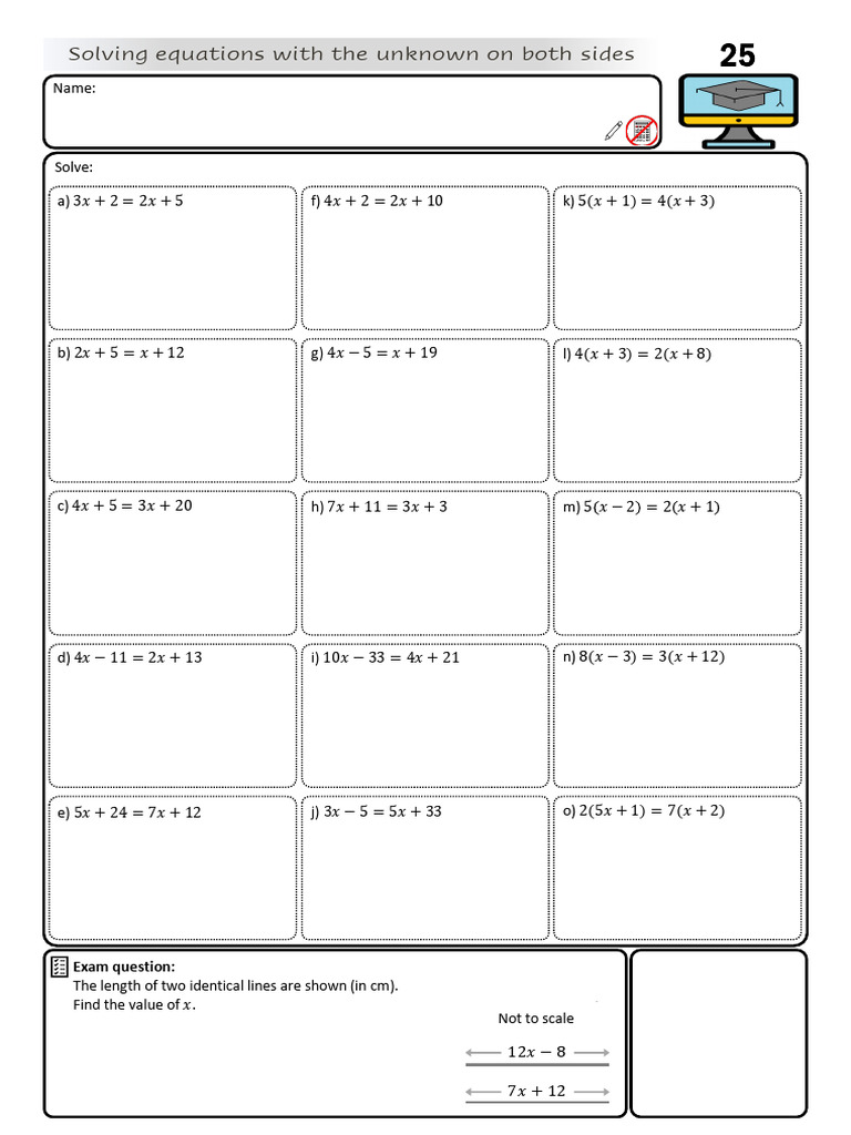 Solving Equations With The Unknown On Both Sides (25) Questions | PDF