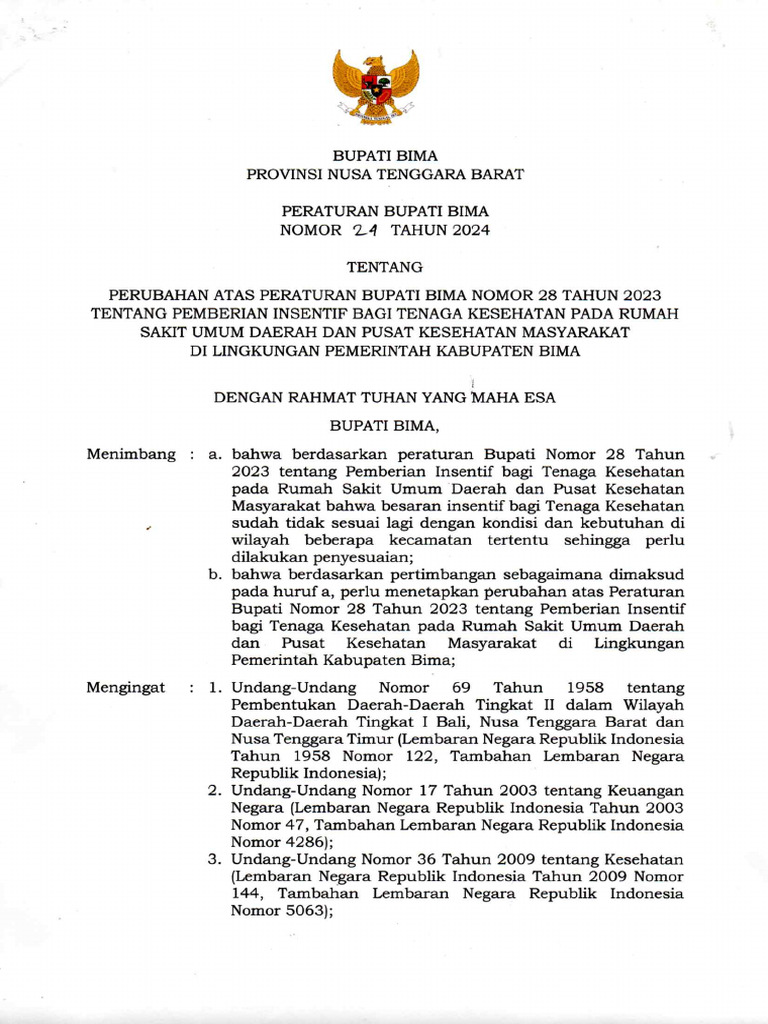 Perbup Perubahan Pemberian Insentif Nomor 24 Tahun 2024 | PDF