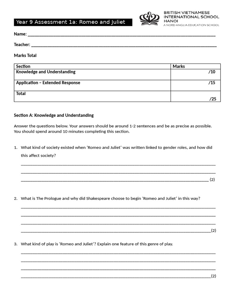 Year 9 Romeo and Juliet Assessment Guide | PDF | Characters In Romeo ...