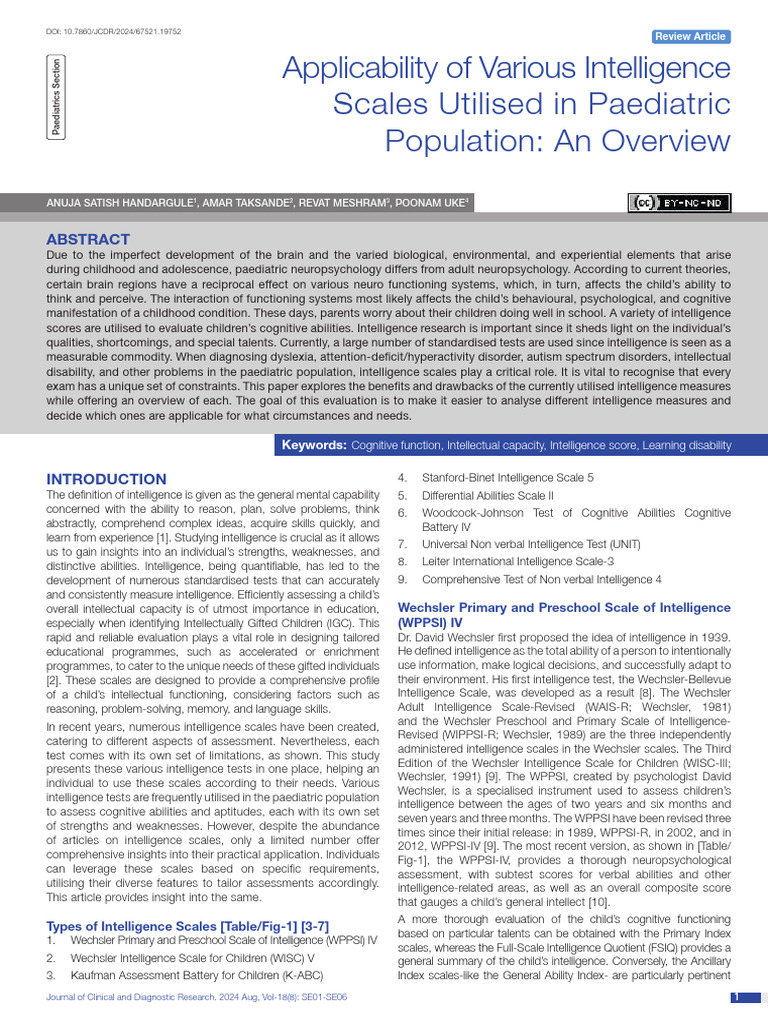 Overview of Pediatric Intelligence Scales | PDF | Wechsler Adult ...