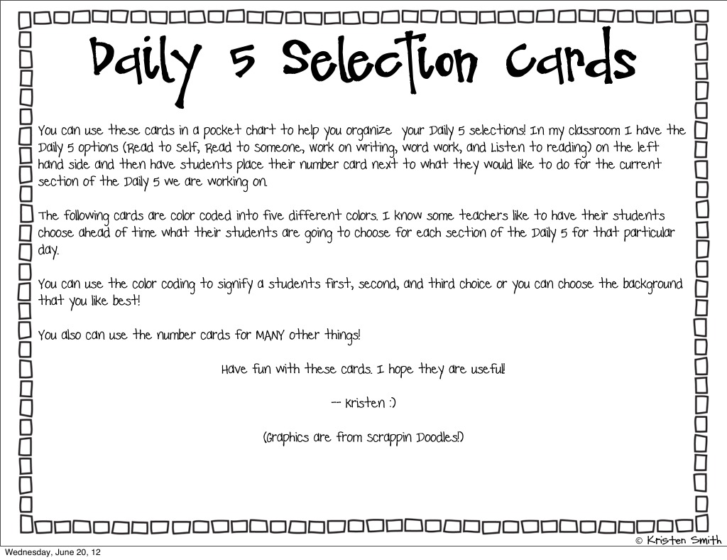 Daily 5 Selection Cards | PDF | Leisure