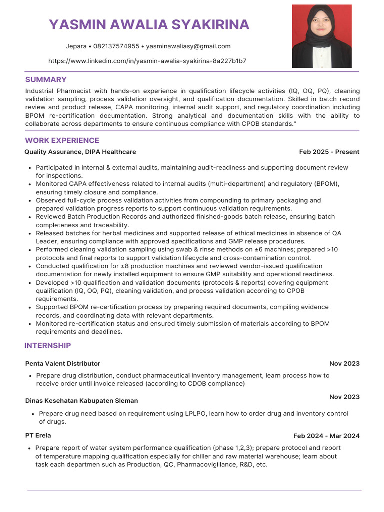 Yasmin Awalia Syakirina Supervisor QA GMP Compliance (Deviation) Resume ...