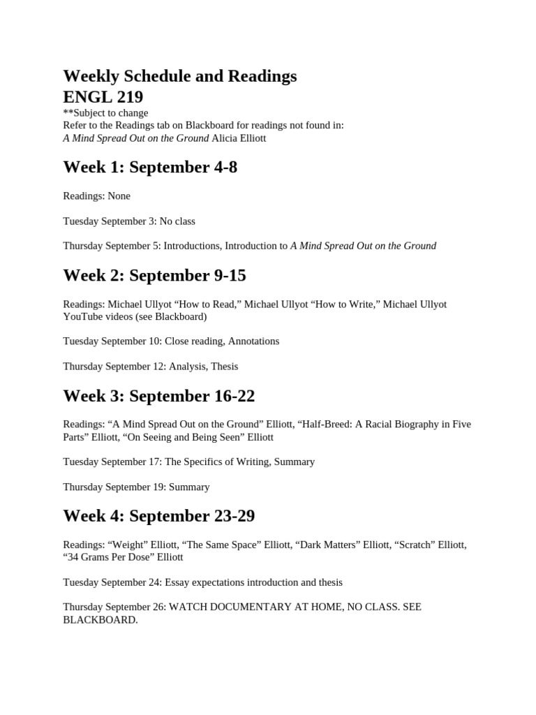 Weekly Schedule ENGL 219 TueThur | PDF | Essays | Written Communication
