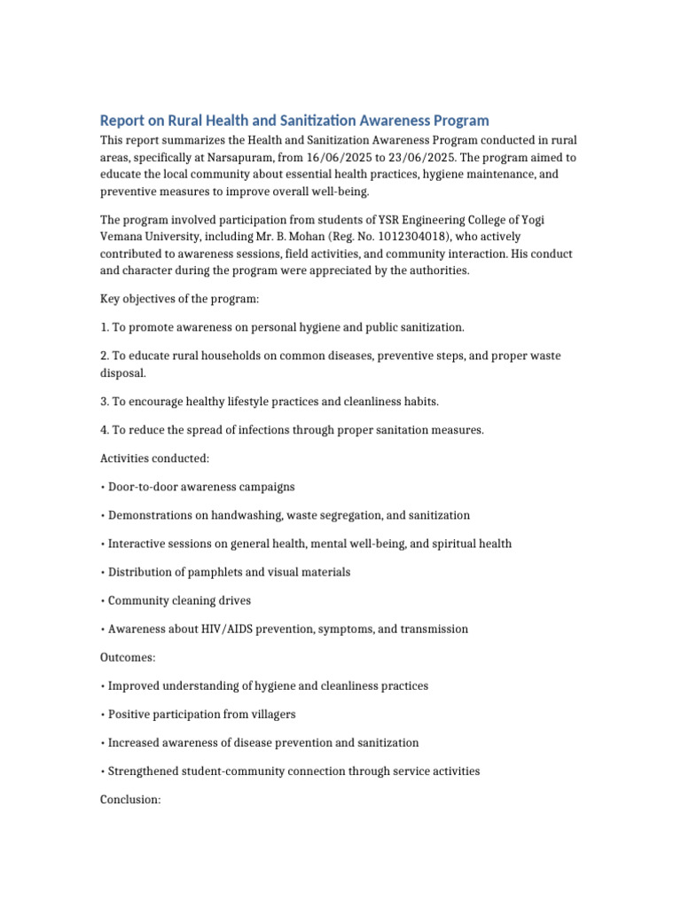 Health Sanitization Awareness Report | PDF