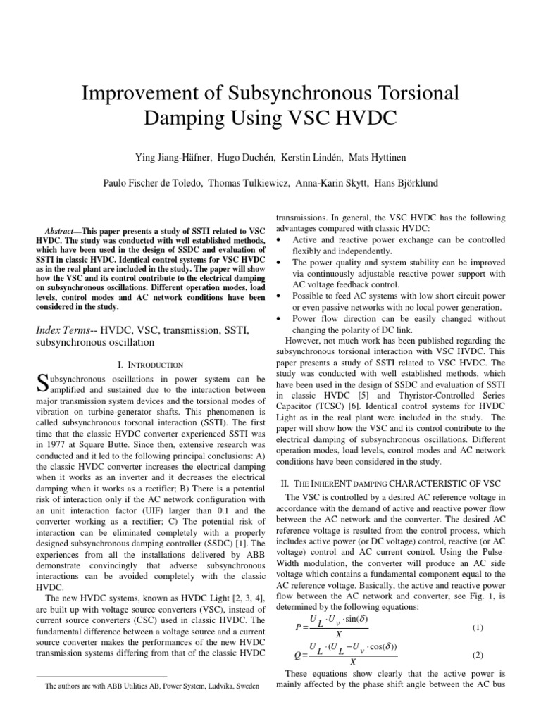 Improvement of Subsynchronous Torsional Damping Using VSC HVDC | PDF ...