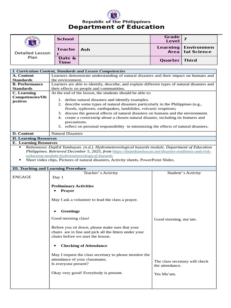 Grade 7 Natural Disasters Lesson Plan | PDF | Natural Disasters | Flood