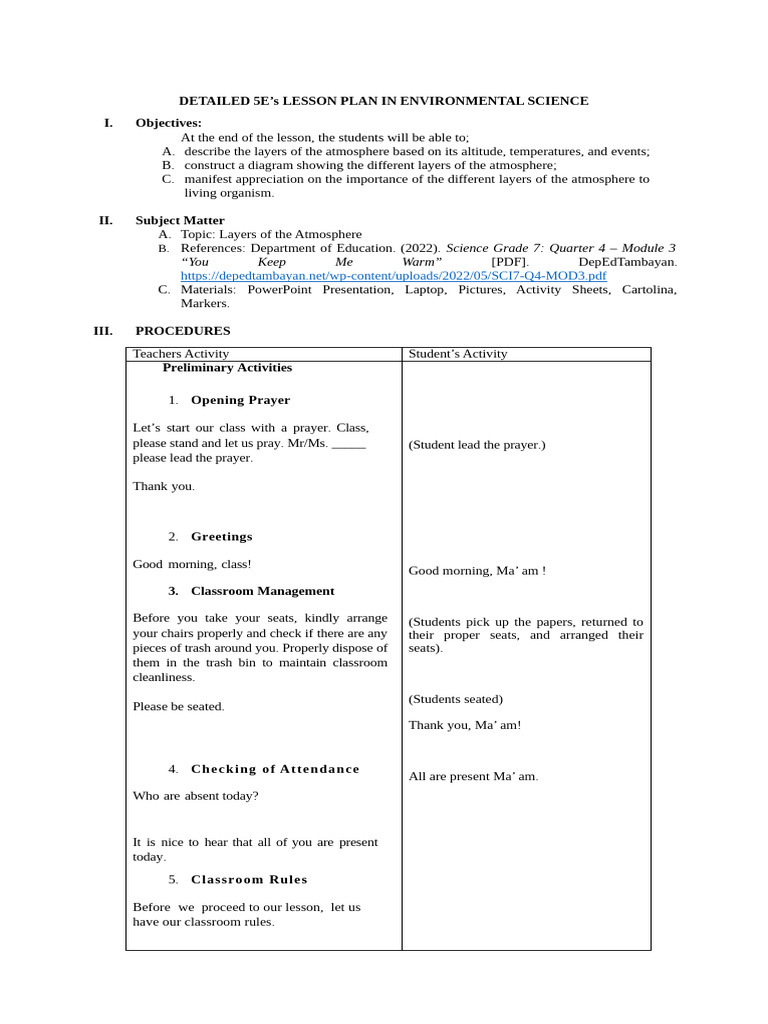 5E Lesson Plan: Atmosphere Layers | PDF | Atmosphere Of Earth | Atmosphere