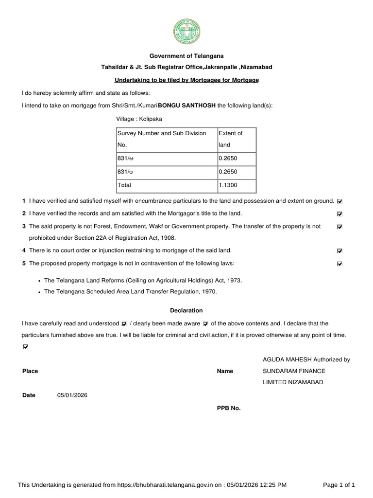 Telangana Mortgage Undertaking Form | PDF | Mortgage Law | Real ...