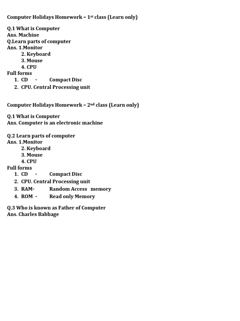 Winter Vacations Computer 1-5 Class Homework | PDF | Random Access ...