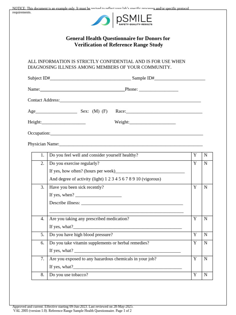 VAL 2005 Reference Range Sample Health Questionnaire | PDF | Combined ...