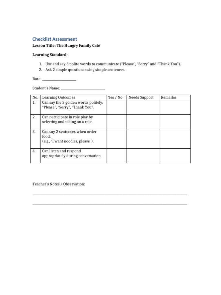 Preschool Checklist Assessment | PDF