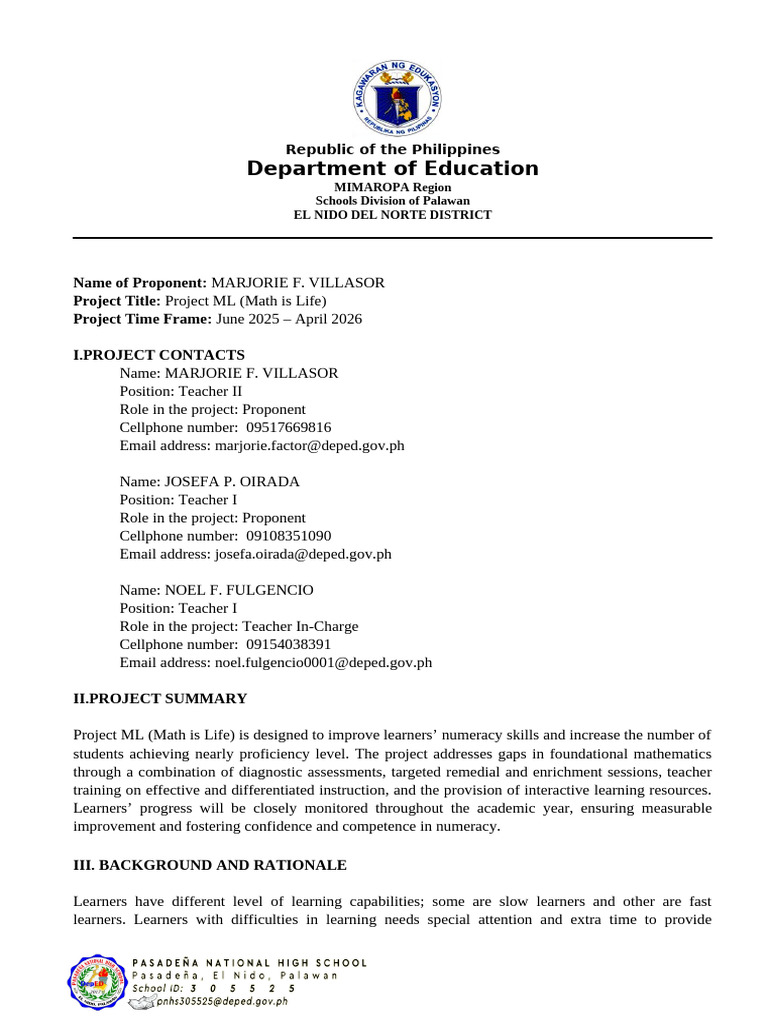 Project ML: Enhancing Math Skills in El Nido | PDF | Learning | Teachers