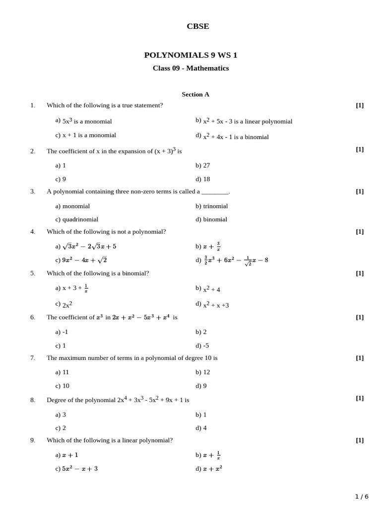 Polynomial WS 1 (Polynomials in One Variable) | PDF | Polynomial | Algebra