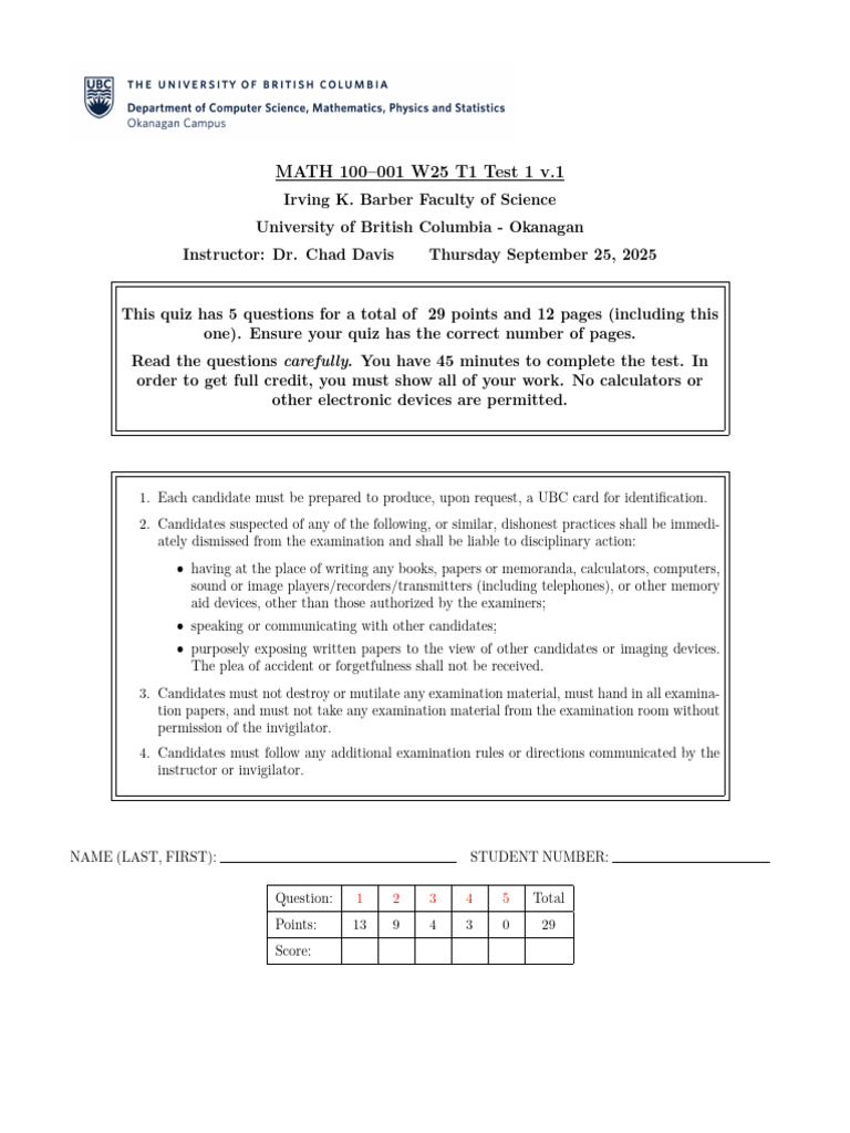 UBC MATH 100 Test 1 Guidelines | PDF | Asymptote | Square Root