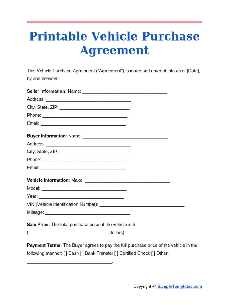 Printable Vehicle Purchase Agreement | PDF | Prices | Business