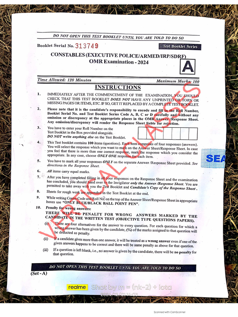 JK Police Constable Question Paper 2024 | PDF