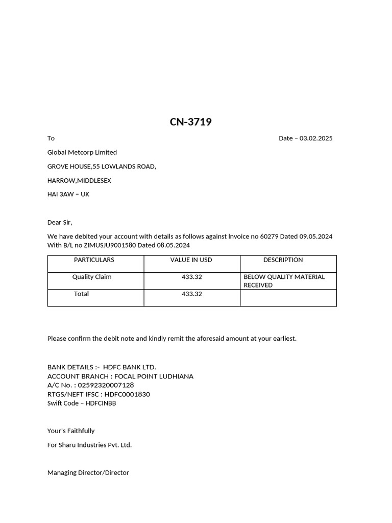 Debit Note for Quality Claim - Invoice 60279 | PDF
