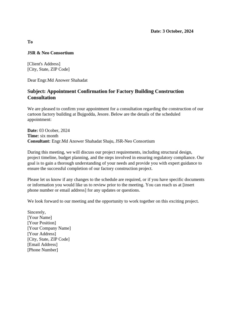 Appointment Confirmation For Factory Building Construction Consultation ...