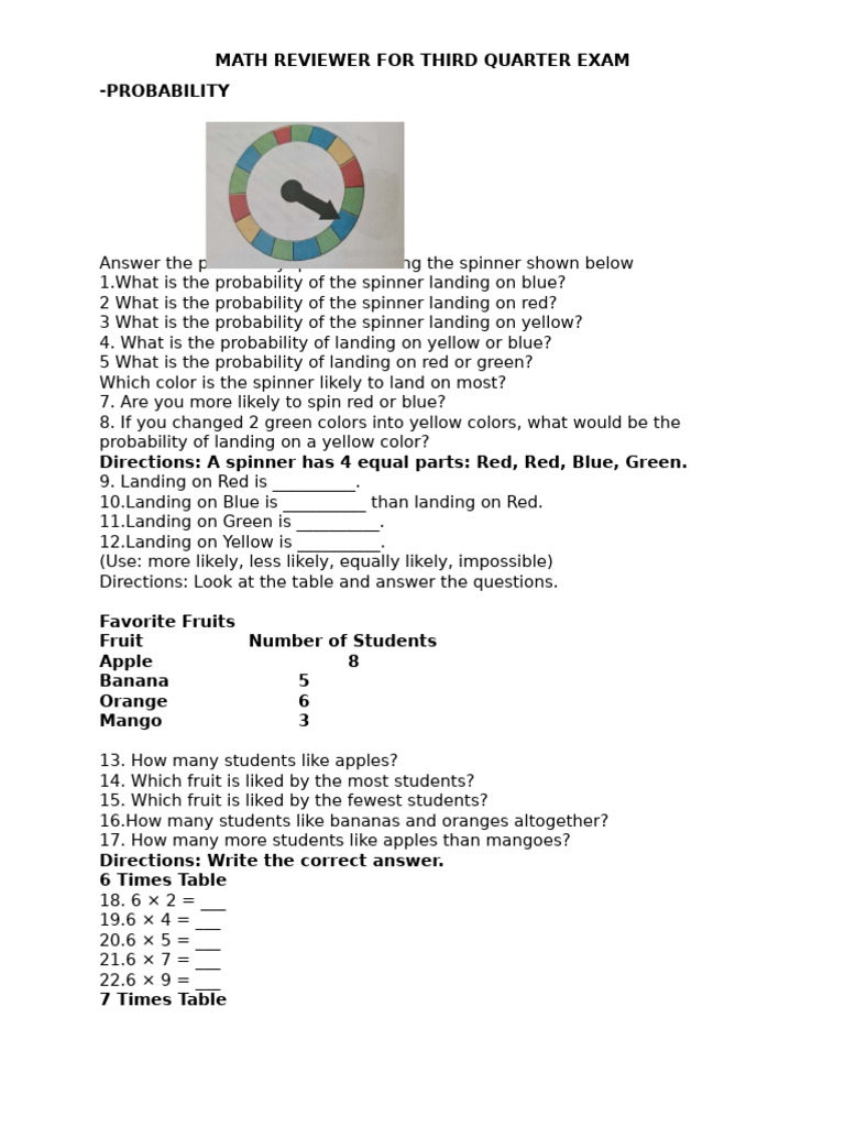 Third Quarter Math Review: Probability & Patterns | PDF