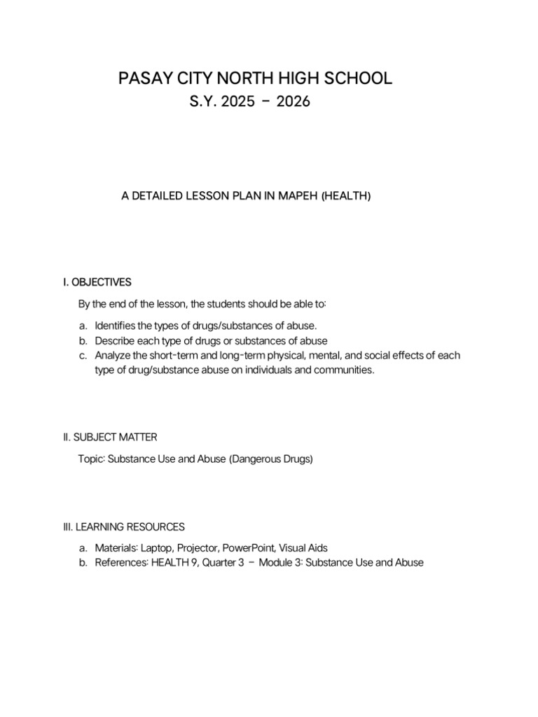 Detailed Lesson Plan - PCNHS | PDF | Drugs | Substance Abuse