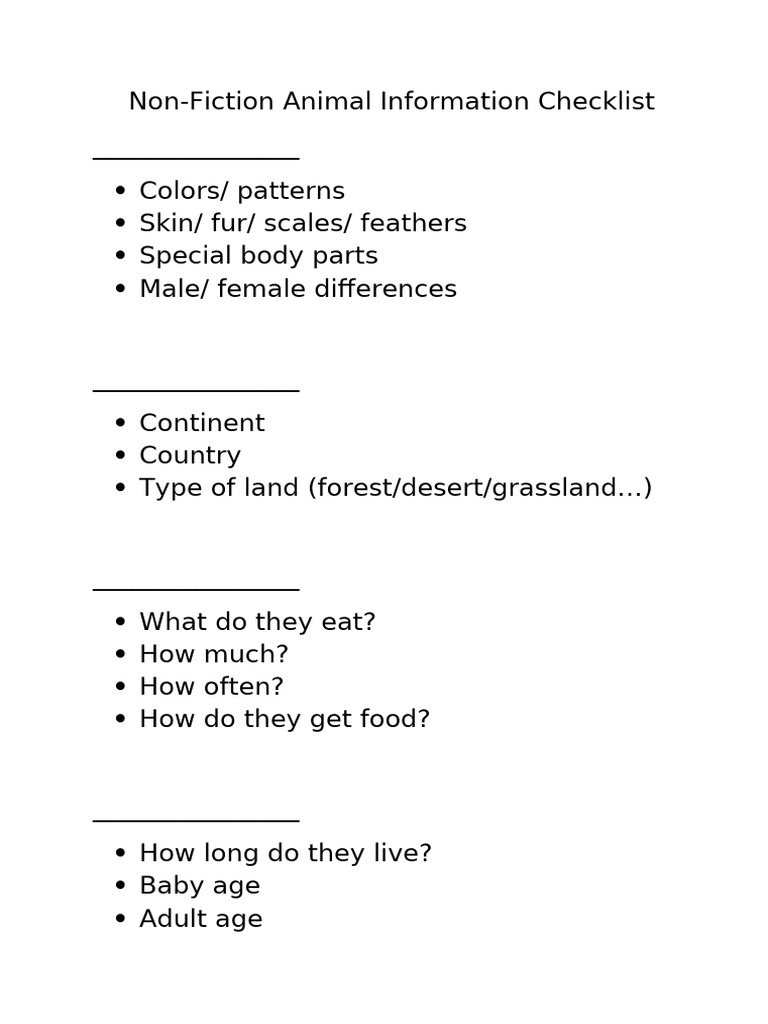Non-Fiction Animal Research Checklist | PDF