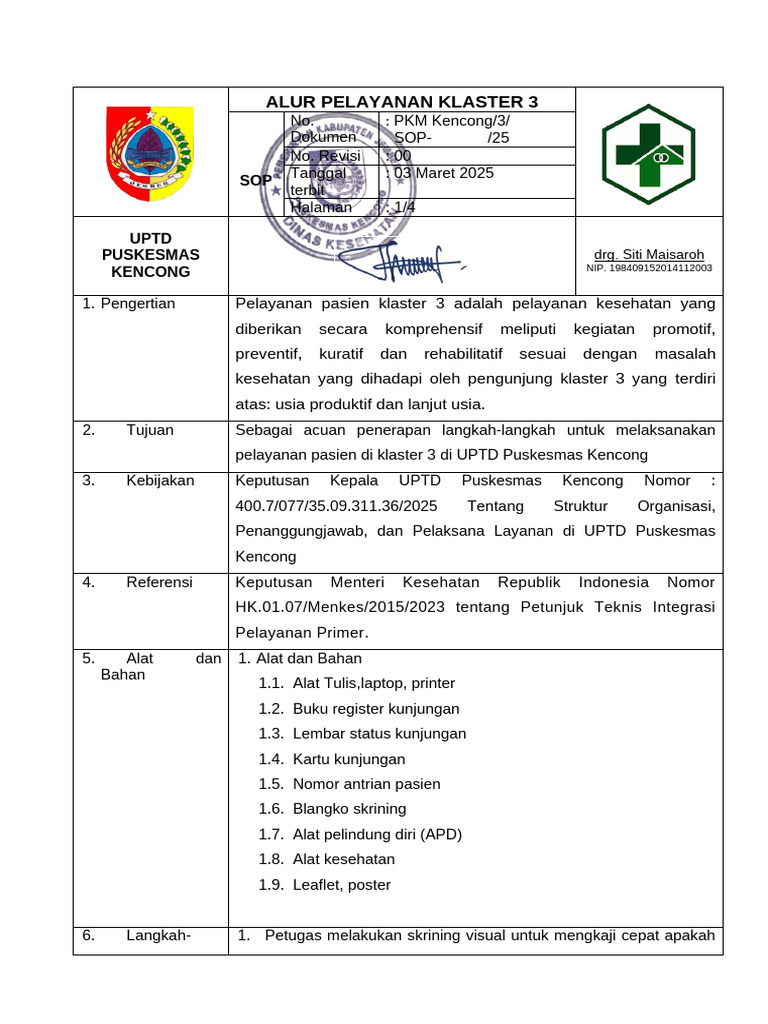 SOP Pelayanan Klaster 3 Puskesmas Kencong | PDF