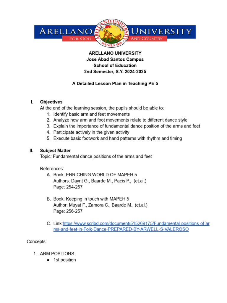 PE 5 Lesson Plan: Dance Positions | PDF | Lord's Prayer | Foot