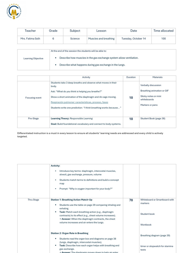G6 Lesson Plan 7ca Muscles and Breathing | PDF | Breathing | Lung