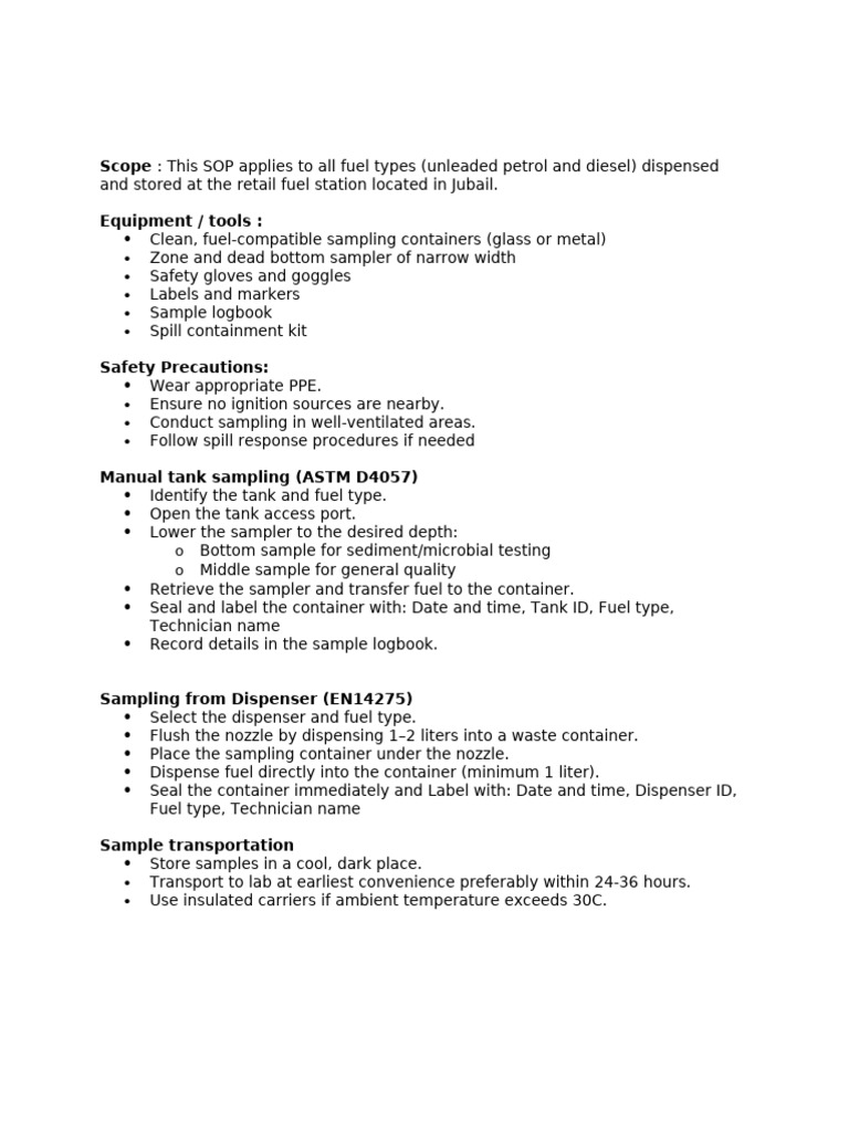 Fuel Station Sampling - General SOP | PDF
