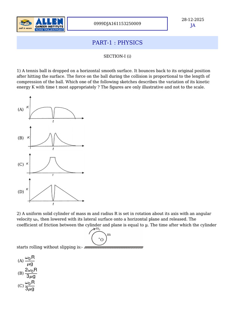 Review Test 04 With Solution (JEE Main) | PDF | Circle | Gases