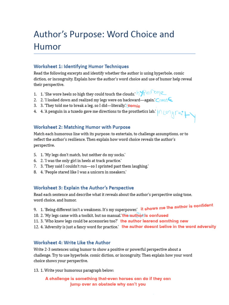 Authors Purpose Word Choice Humor Worksheets MA and HA | PDF