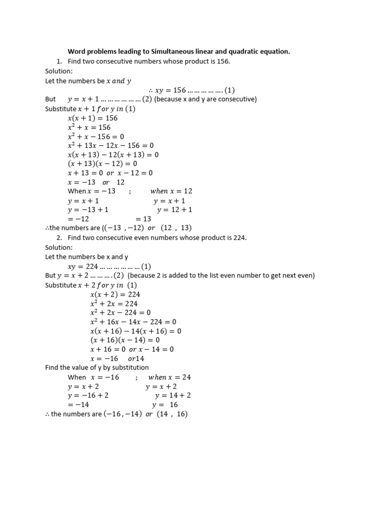 7689 - Word Problems Leading To Simultaneous Linear and Quadratic ...
