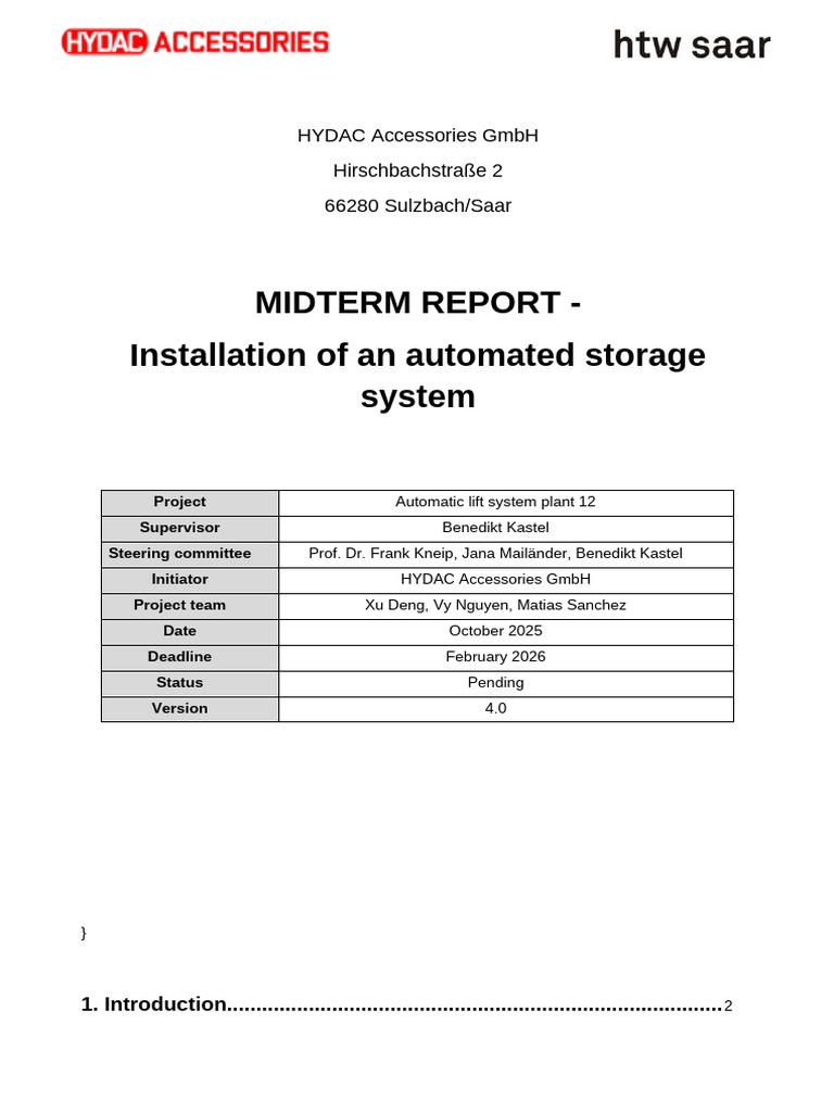 MIDTERM REPORT - Installation of An Automated Storage System HYDAC ...