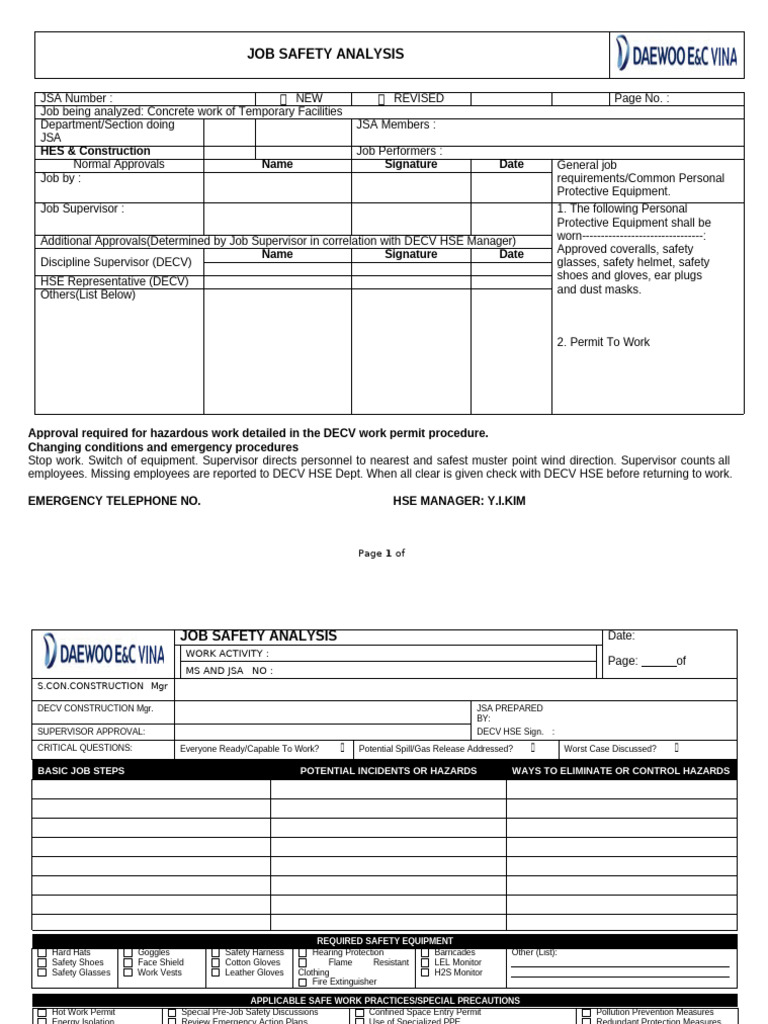 Jsa For Concrete Work | PDF | Hazards | Personal Protective Equipment
