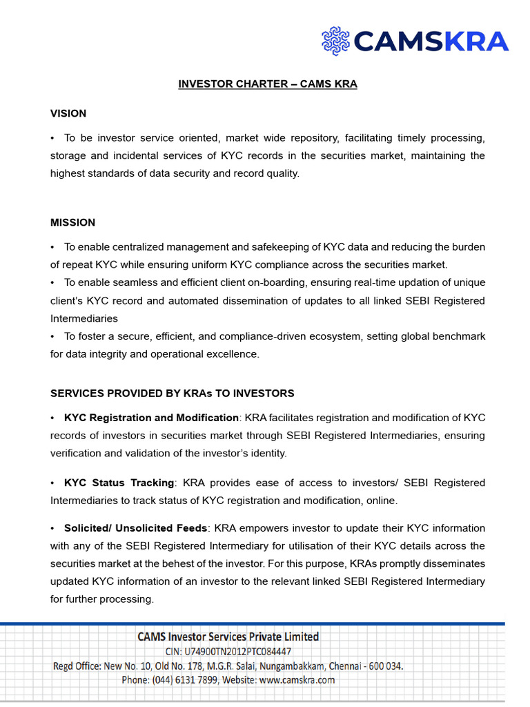 CAMSKRA Investor Charter | PDF | Privacy | Information Privacy