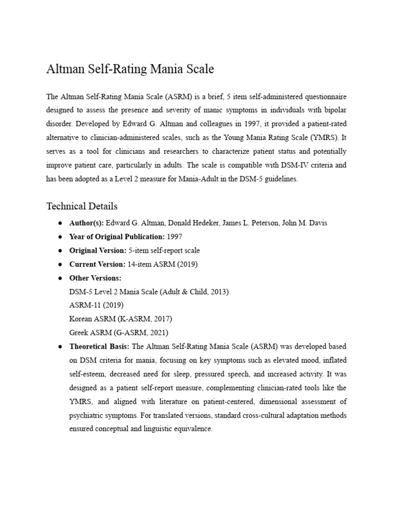 Altman Self-Rating Mania Scale | PDF | Mania | Bipolar Disorder