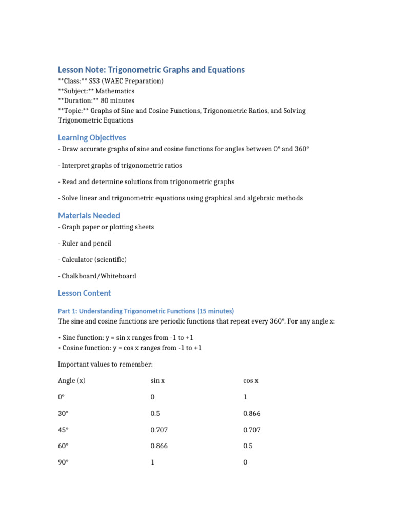 Trigonometric Graphs & Equations Guide | PDF | Trigonometric Functions ...