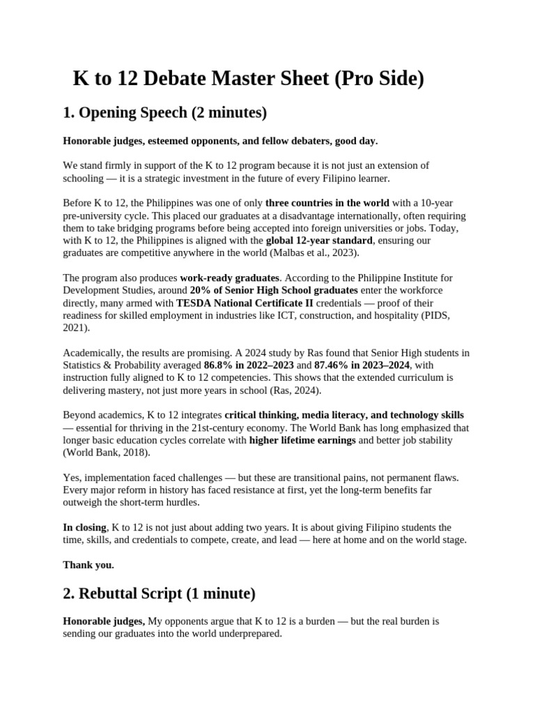 ? K To 12 Debate Master Sheet | PDF | Learning