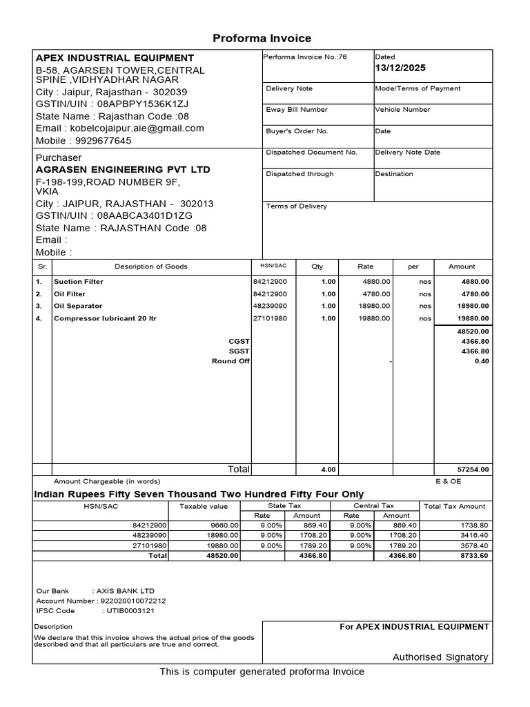 Proforma Invoice for APEX Equipment | PDF | Government Finances | Taxes