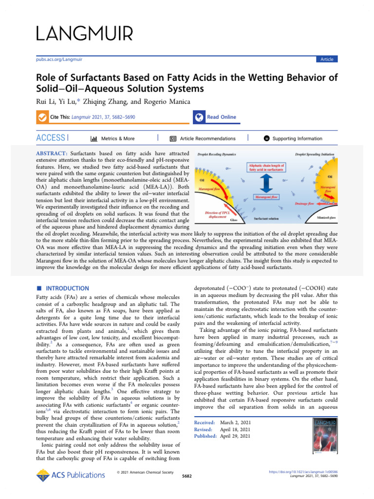 Role of Surfactants Based On Fatty Acids in The Wetting Behavior of ...
