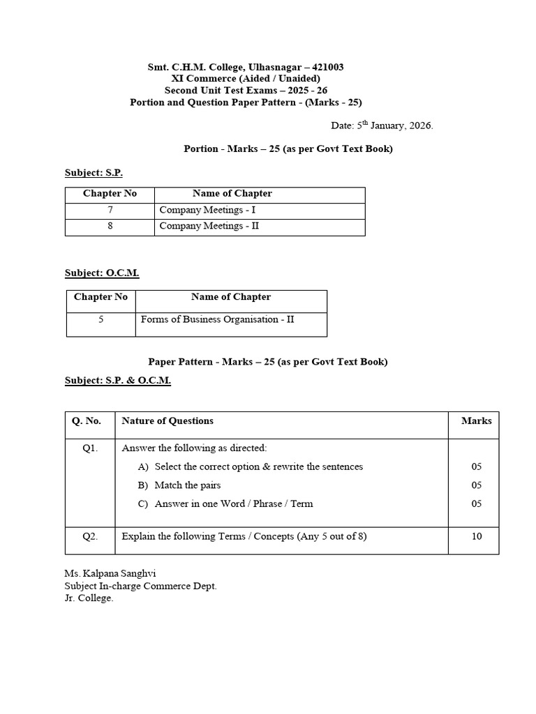 XI Paper Pattern 0 Portion 25-26 | PDF